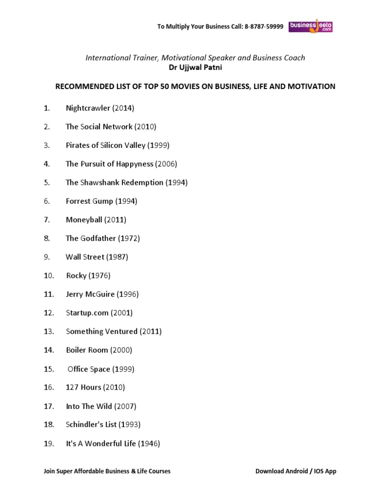 Recommended List of Top 50 Movies On Business Lif | PDF