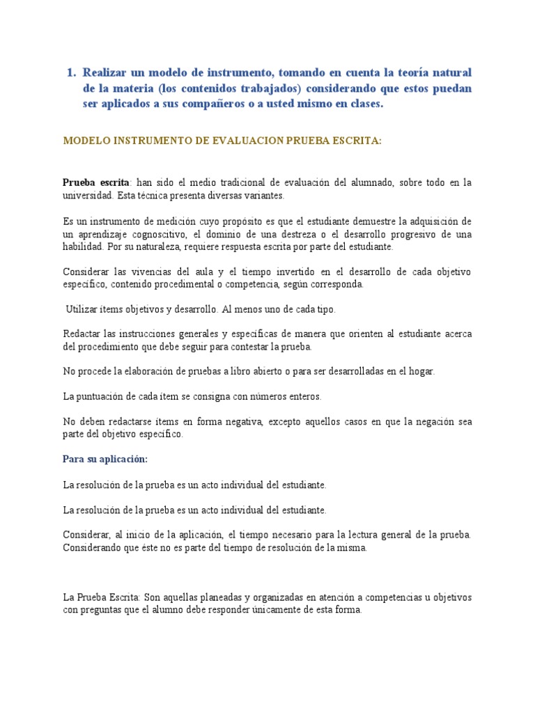 Modelo Instrumento de Evaluacion Prueba Escrita | PDF | Maestros ...