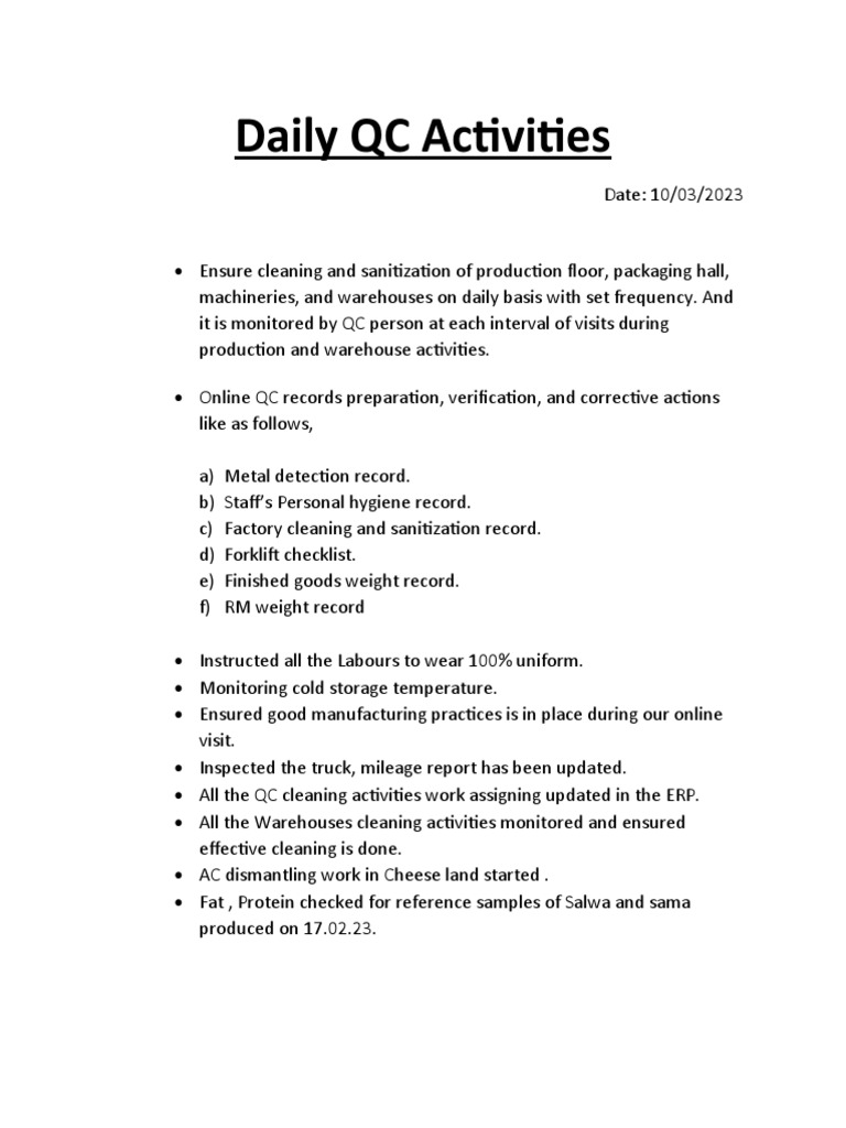 Daily Quality Control Activities Report | PDF