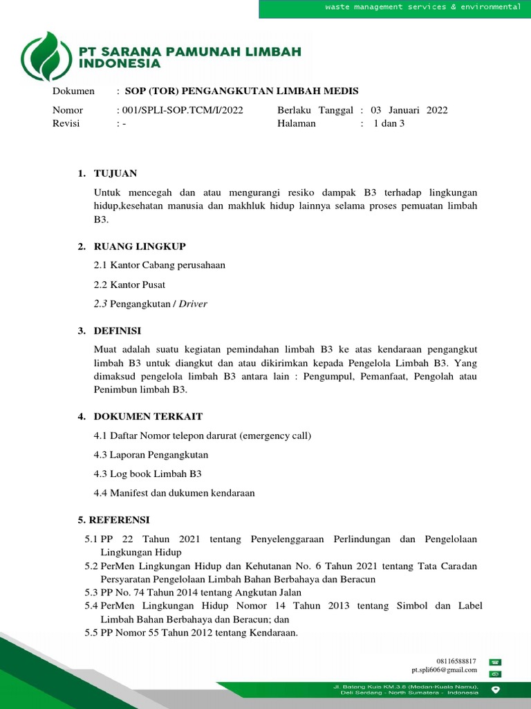 SOP Pengangkutan Limbah Medis B3 | PDF