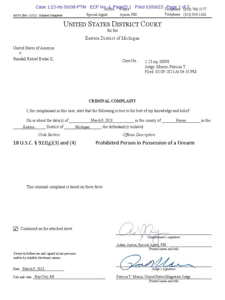 Randall Berka II Criminal Complaint | PDF | American Government ...