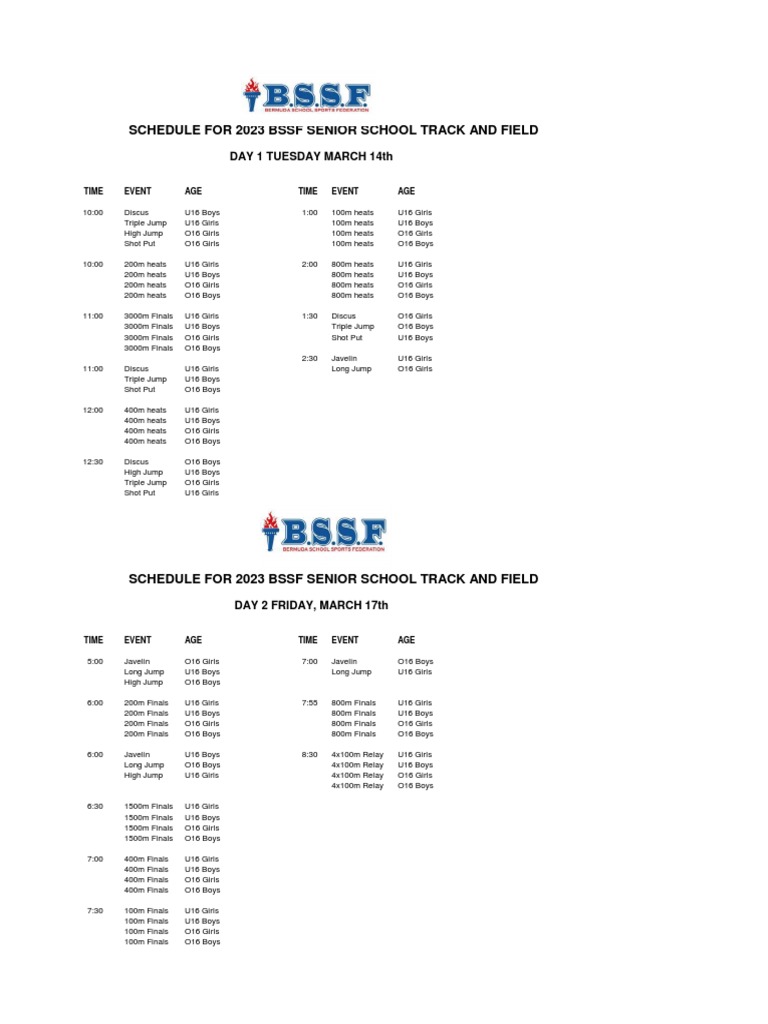 2023 BSSF Senior School Track & Field Schedule | PDF | Track And Field ...