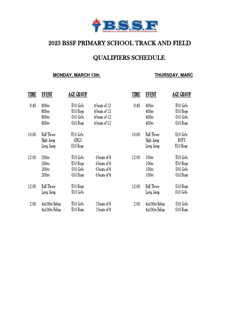 2023 BSSF Primary School Track & Field Schedule | PDF
