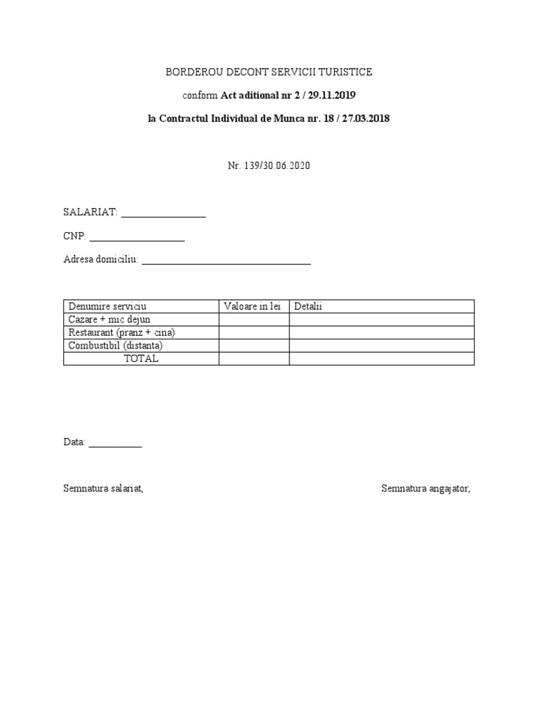 Borderou Decont Servicii Turistice | PDF
