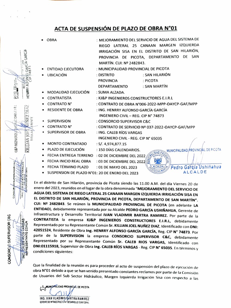 Acta de Suspensión de Plazo de Obra N°01 PDF | PDF