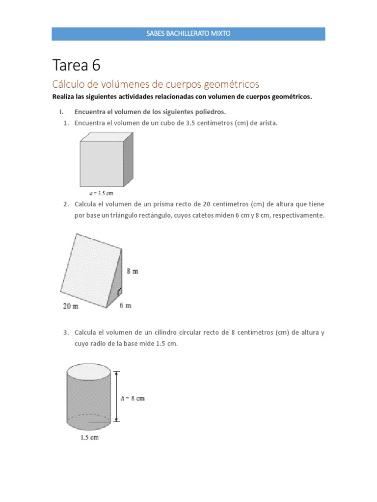 Tarea 6 Cálculo de Volúmenes de Cuerpos Geométricos | PDF