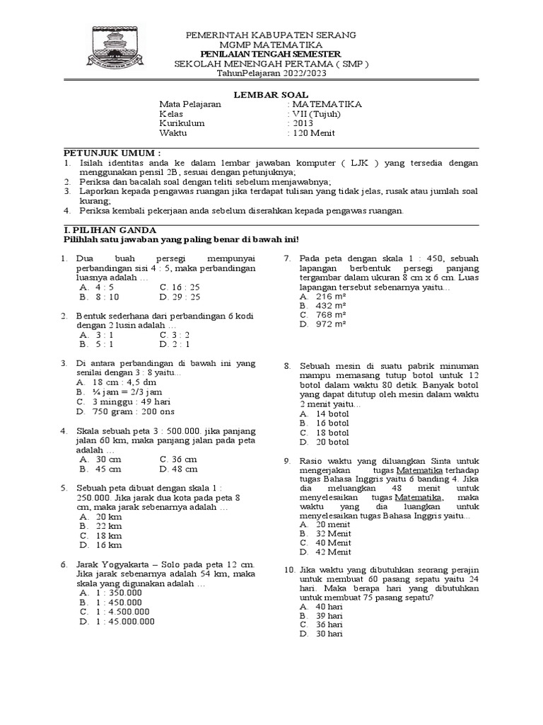 Soal PTS Matematika Kelas 7 | PDF