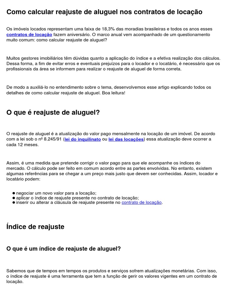 Como Calcular Reajuste de Aluguel Nos Contratos de Locacao | PDF