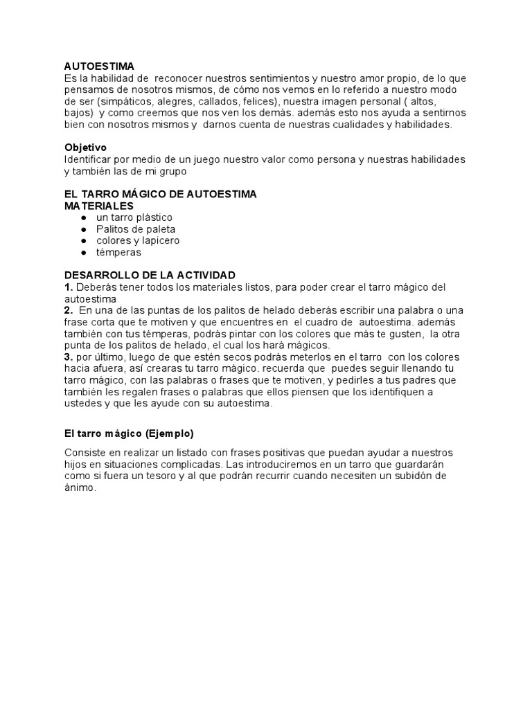 Tarro Mágico de Autoestima Infantil | PDF | Autoestima