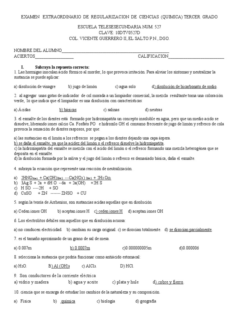 Examen Extraordinario de Regularizacion de Ciencias | PDF | Importar | Moléculas