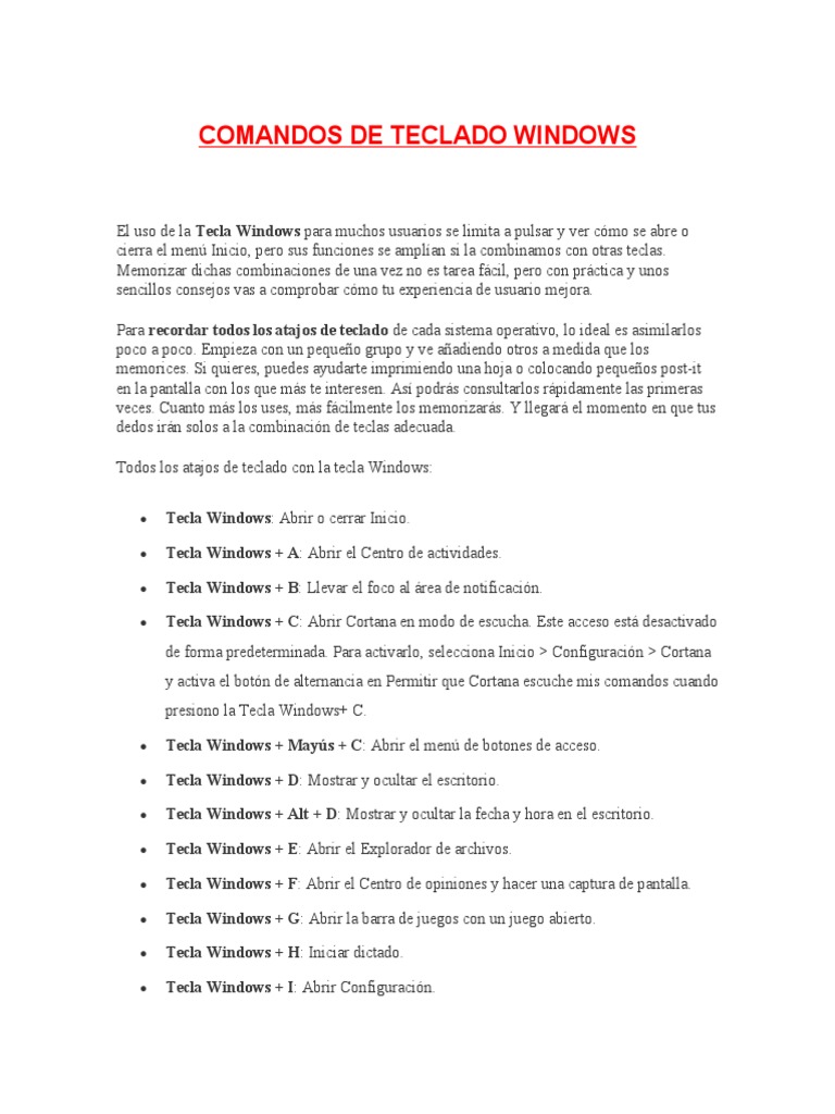 Comandos de Teclado Windows | PDF | Ventana (informática) | Microsoft ...