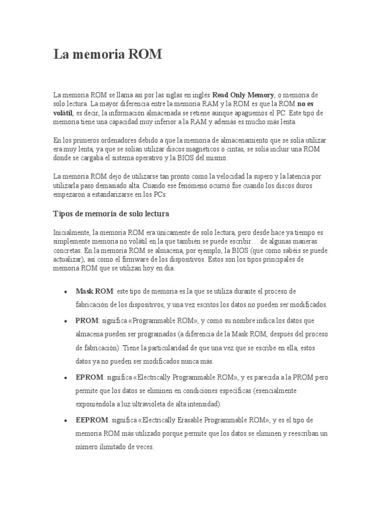 Tipos y características de la memoria ROM | PDF | Memoria de sólo ...