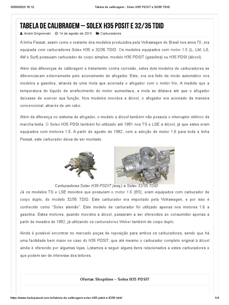 Tabela de Calibragem - Solex H35 PDSIT e 32 - 35 TDID | PDF | Motores | Veículos