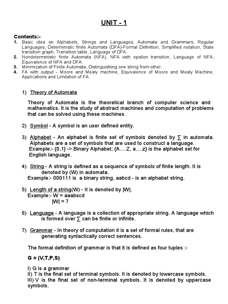 Automata (Unit - 1) | PDF | Theory Of Computation | Models Of Computation