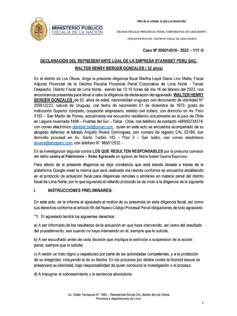 Declaracion 111-2023 Agraviado Representante Legal PDF | PDF