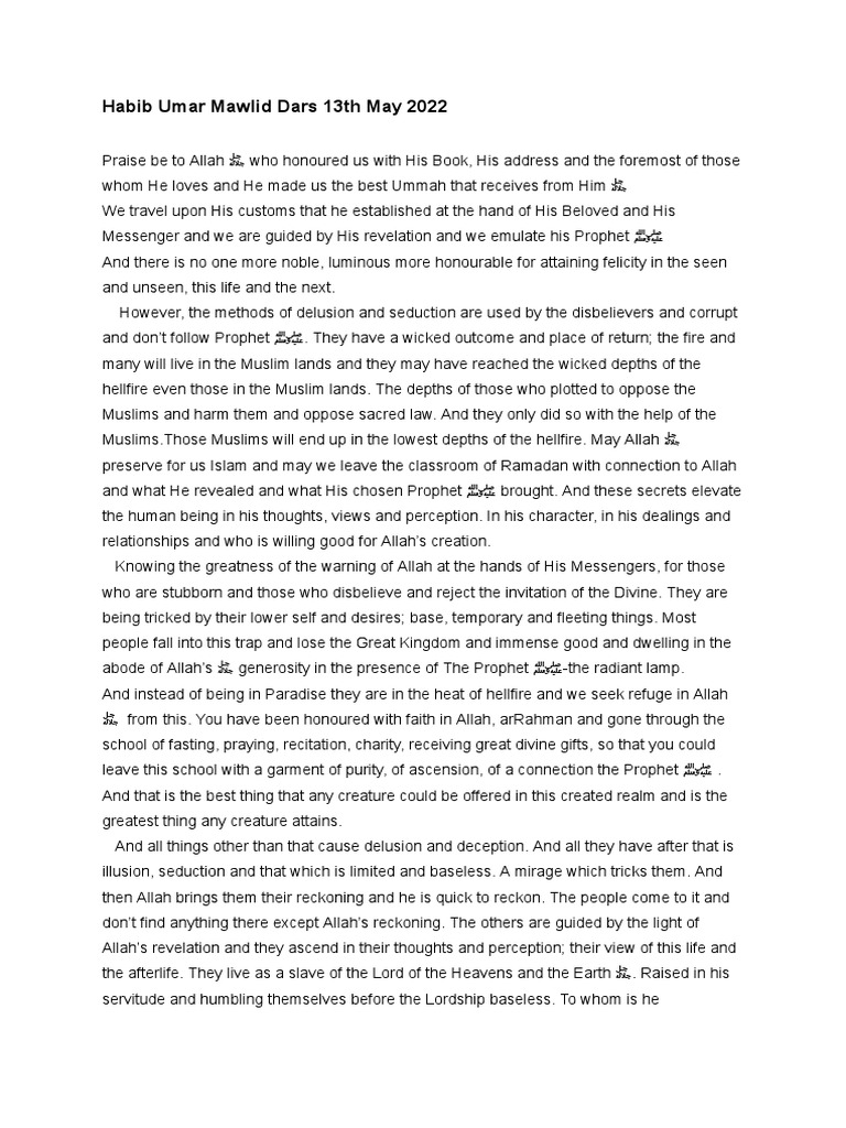 Habib Umar Mawlid Dars 13th May 2022 PDF | PDF | Prophets And Messengers In Islam | Muhammad