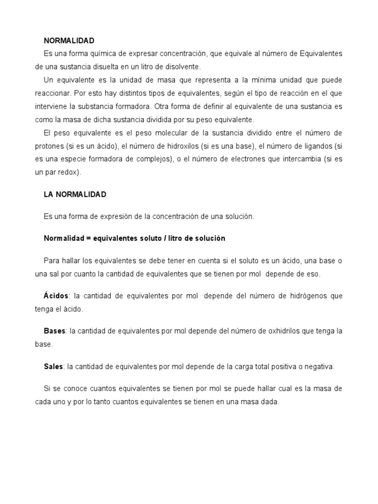 Normalidad en Quimica | PDF | Concentración | Mole (Unidad)
