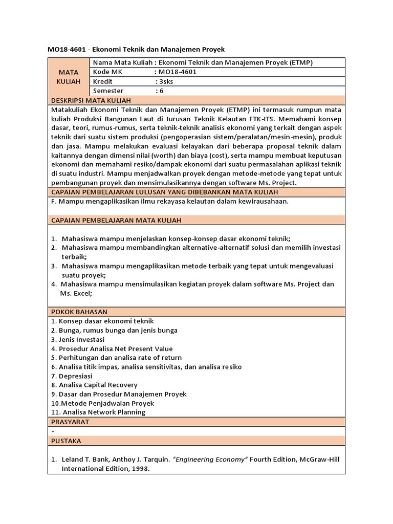 MO18 4601 Ekonomi Teknik Dan Manajemen Proyek PDF | PDF
