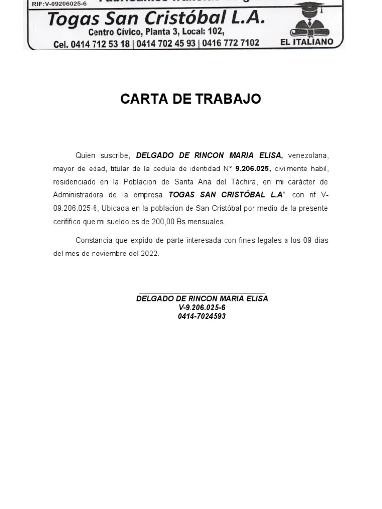 Carta de Trabajo | PDF