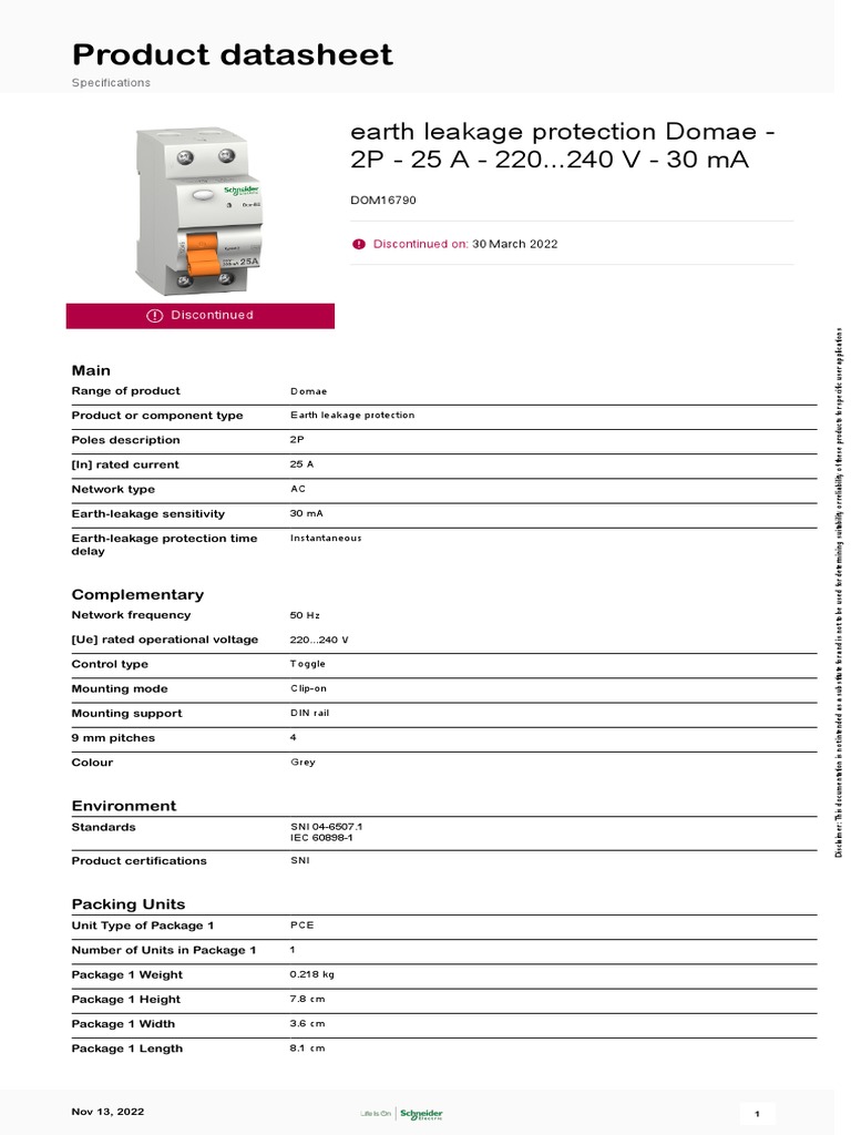 Discontinued 2P 25A 220-240V 30mA Earth Leakage Protection Device ...