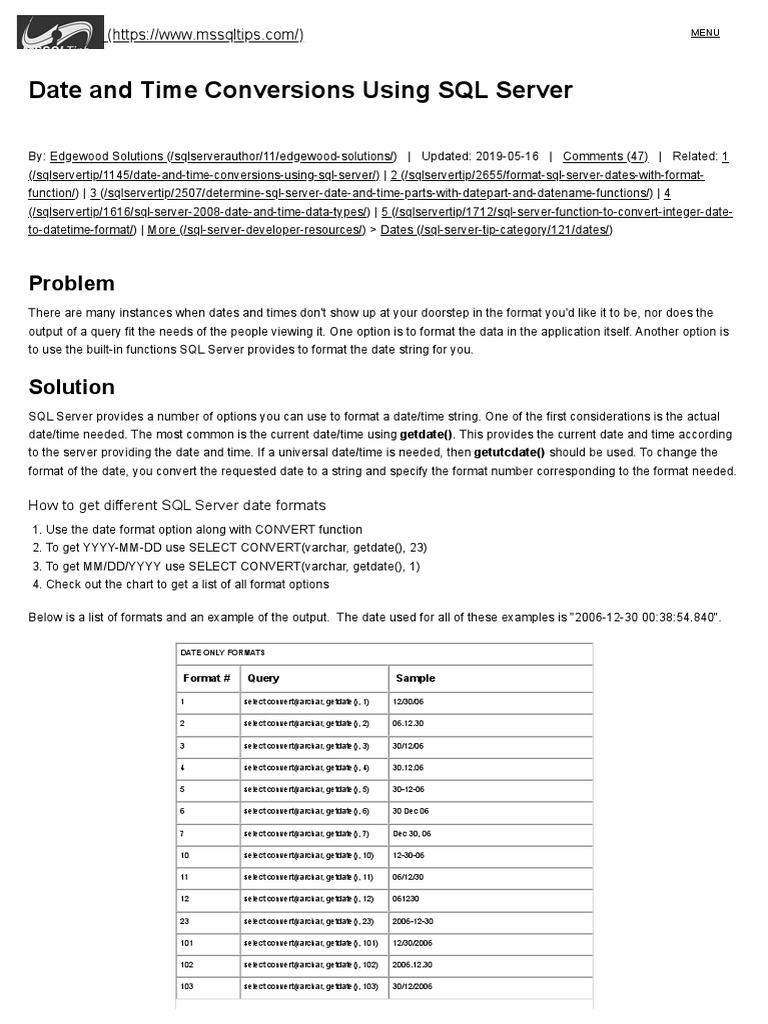 Date and Time Conversions Using SQL Server | PDF | Microsoft Sql Server ... Date and Time Conversions Using SQL Server | PDF | Microsoft Sql Server ...