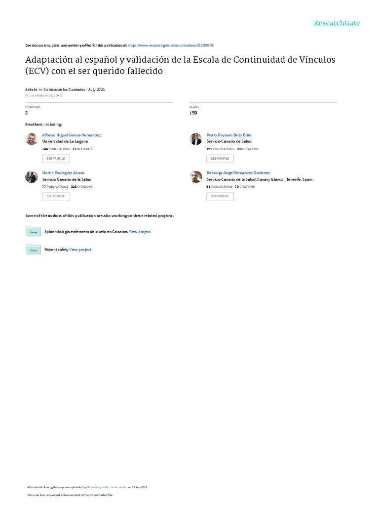 Adaptación Al Español y Validación de La Escala de Continuidad de Vínculos (ECV) Con El Ser ...