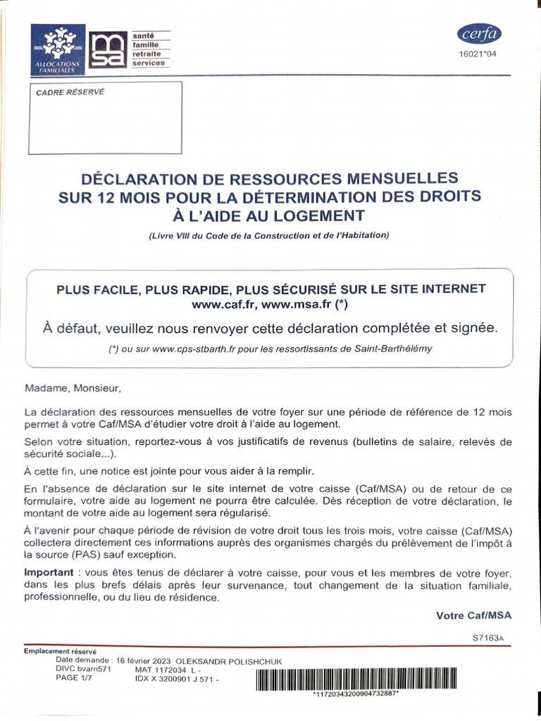 Déclaration Mensuelle de Ressources Pour Le Calcul de L'aide Au ...