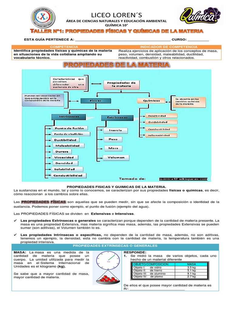 10°química Guía 1 Propiedades de La Materia | PDF | Peso | Masa
