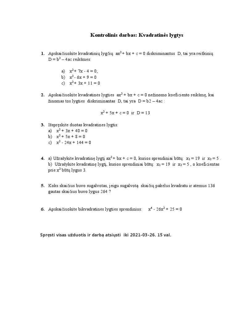 Kontrolinis Darbas KvadratinÄ S Lygtys | PDF