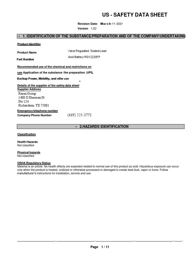RG12220FP 12V 22ah MSDS | PDF | Firefighting | Combustion