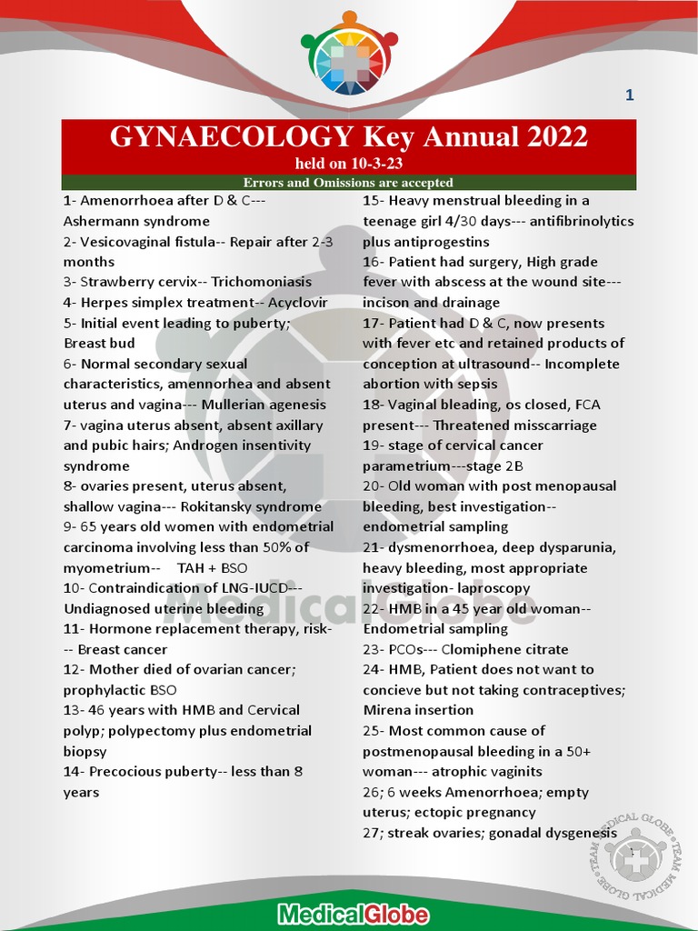 Gynae Key PDF | Download Free PDF | Vagina | Ovarian Cancer