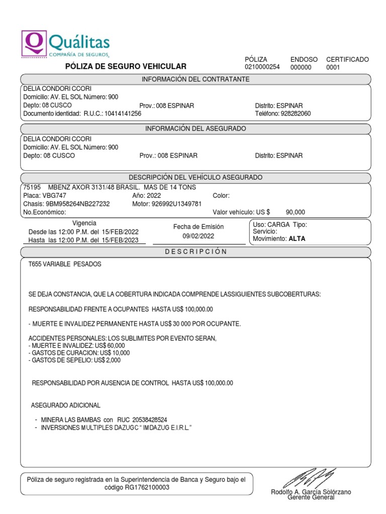 Desglose Poliza 0210000254 DELIA CONDORI - QUALITAS 15-02-22 | PDF | Seguro
