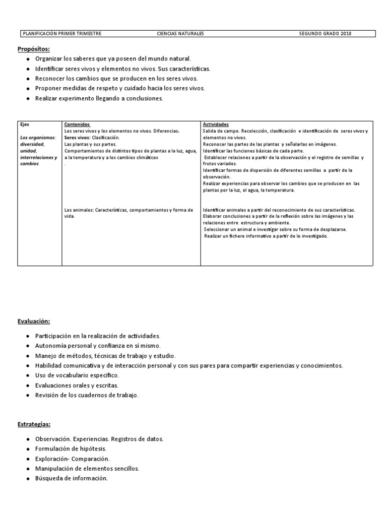Planificación Primer Trimestre Ciencias Naturales | PDF | Plantas | Observación