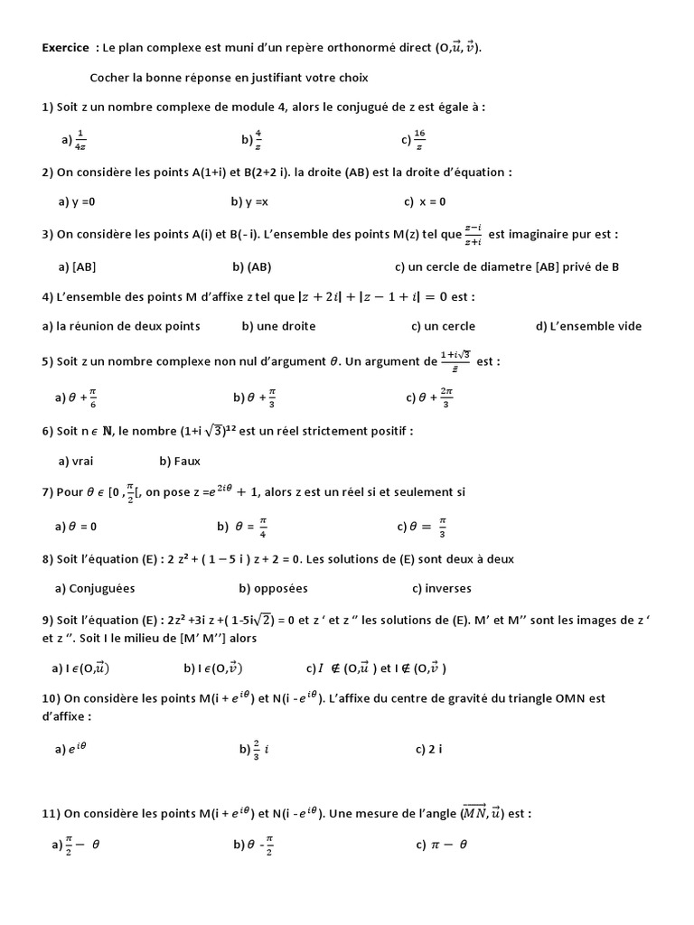 Complexe QCM | Descargar gratis PDF | Nombre complexe | Algèbre générale