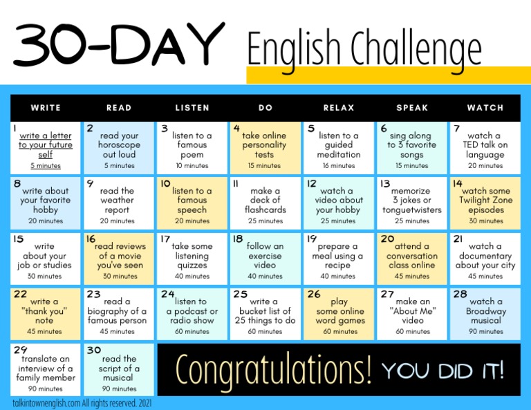 30 Day English Challenge Month | PDF