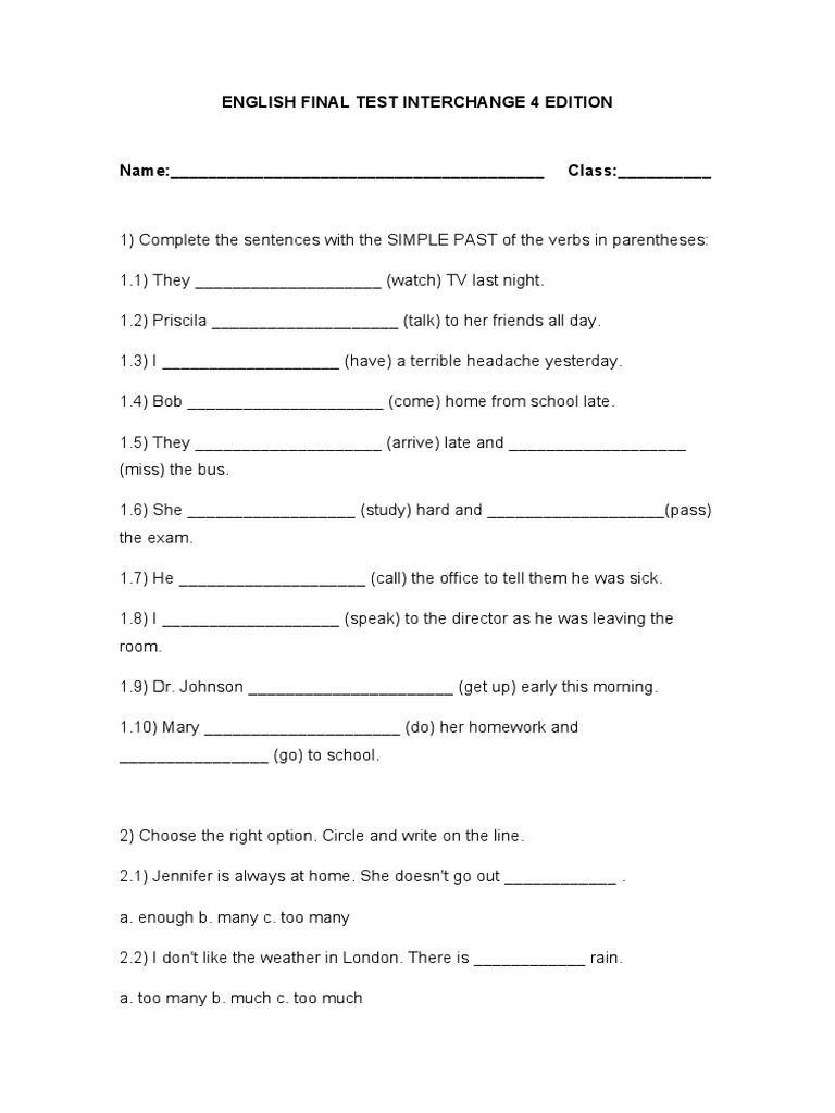 English Final Test: Interchange 4th Edition | PDF | Games & Activities ...