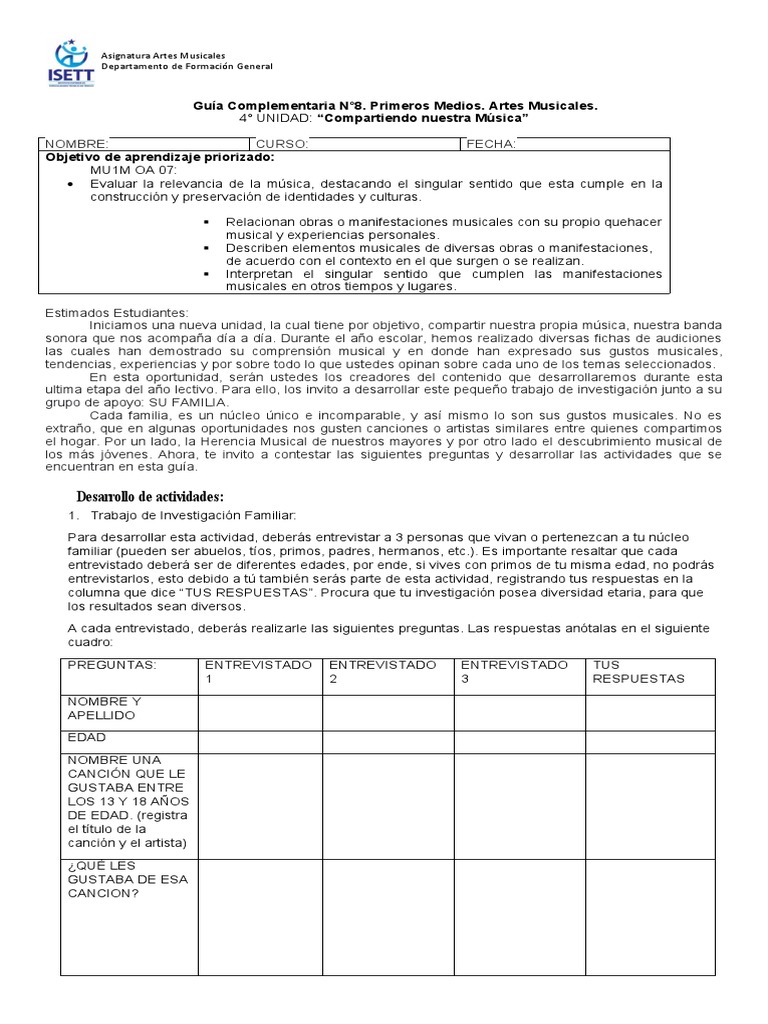 1°medio. Música Guia N°9 Unidad COMPARTIENDO NUESTRA MUSICA. Jessica ...