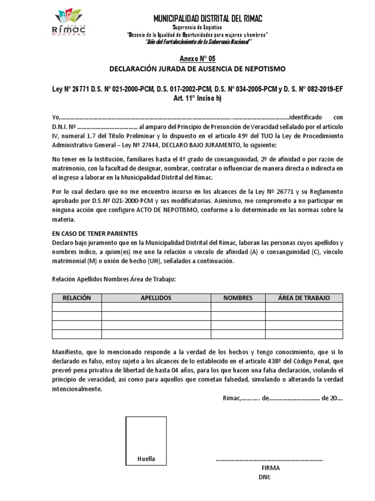 Anexo - 05 Declaración Jurada de Ausencia de Nepotismo PDF | PDF | Etica Aplicada | Principios ...