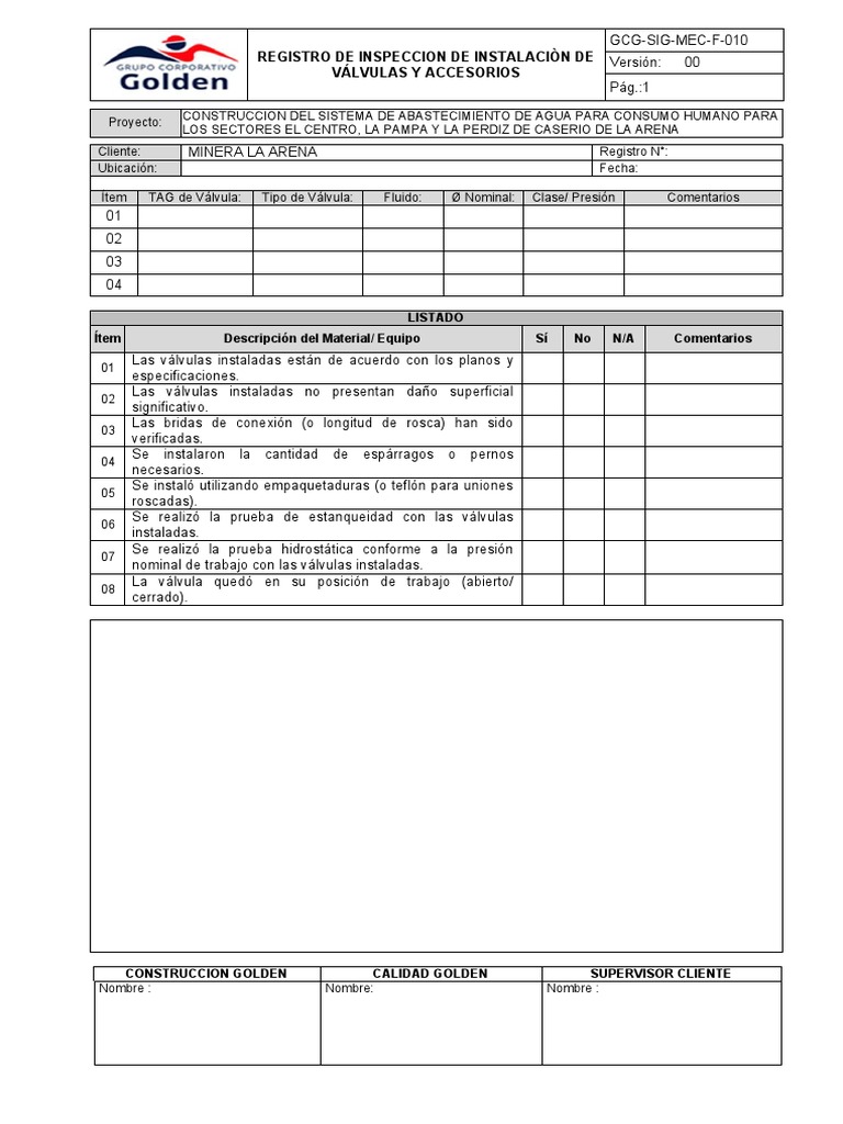 Registro de Instalacion de Valvulas | PDF | Tecnología