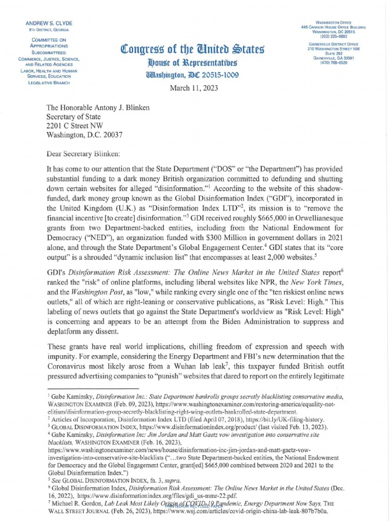 3.11.23 Andrew Clyde Blinken Letter | PDF | United States Department Of ...