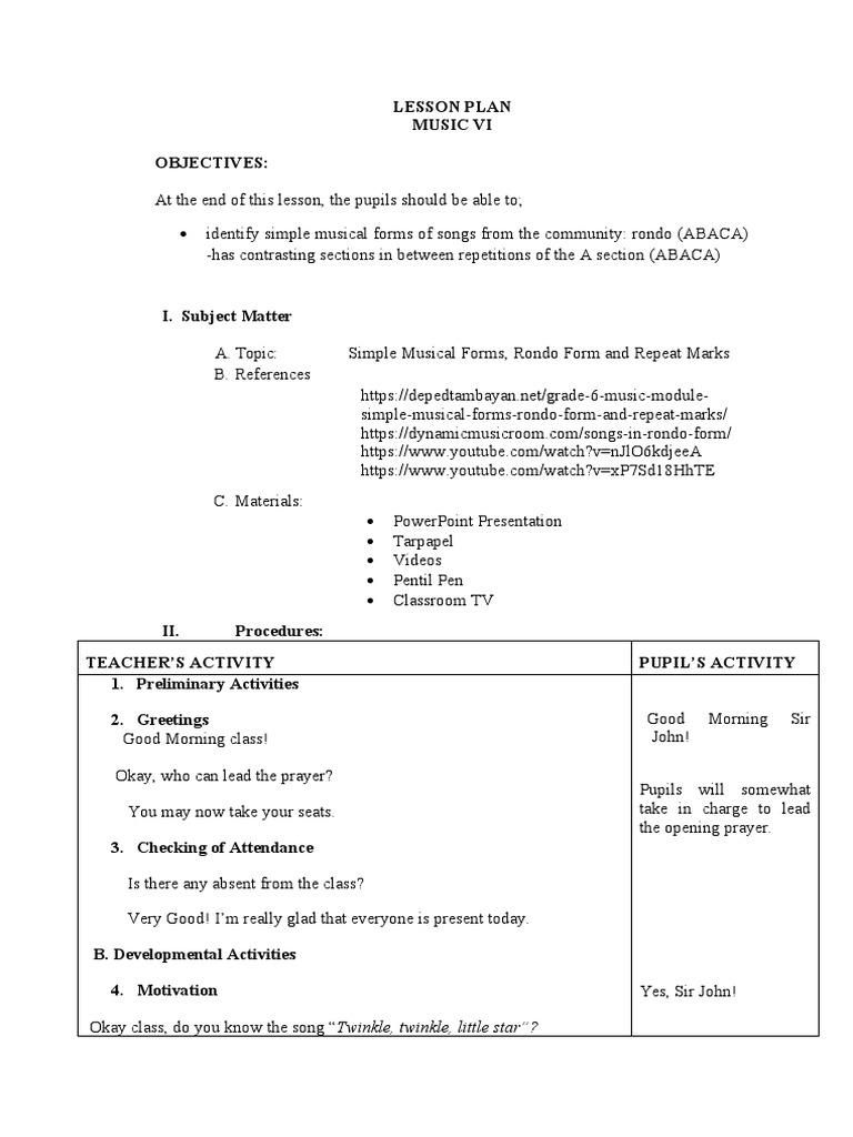 Lesson Plan in Music 6 | PDF | Musical Forms | Elements Of Music