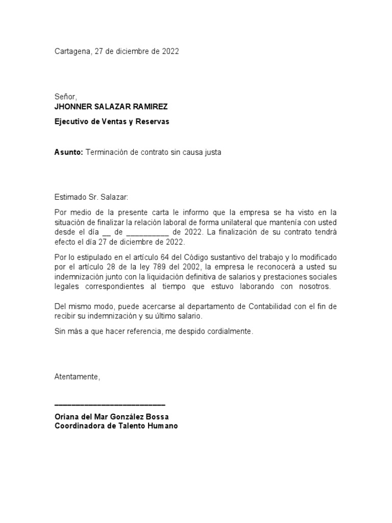 Carta De Despido Sin Justa Causa Pdf