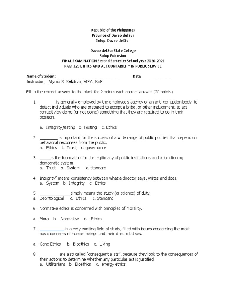 Final Exam QUESTIONNAIRE For Ethics | PDF | Governance | Integrity