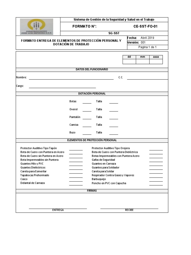 Ce-Sst-Fo-01 Formato de Entrega de Epp | PDF