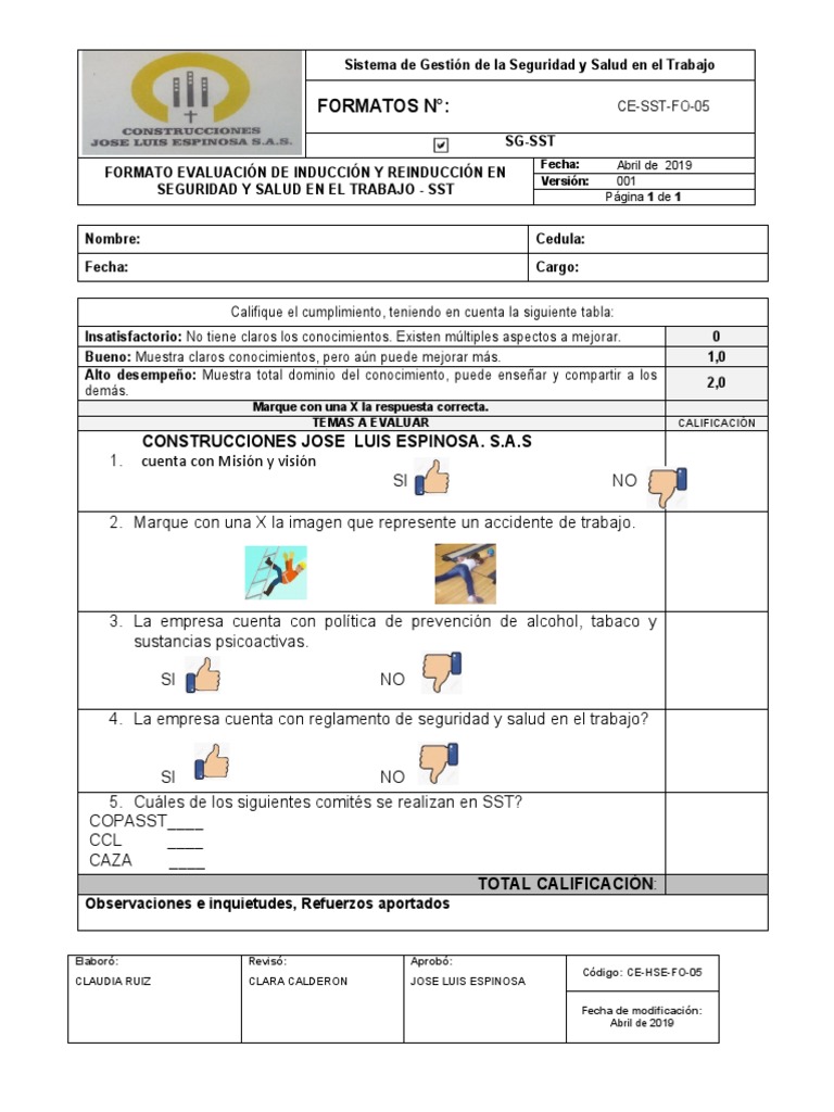 Ce-Sst-Fo-05 Formato de Evaluacion Induccion SG-SST | PDF