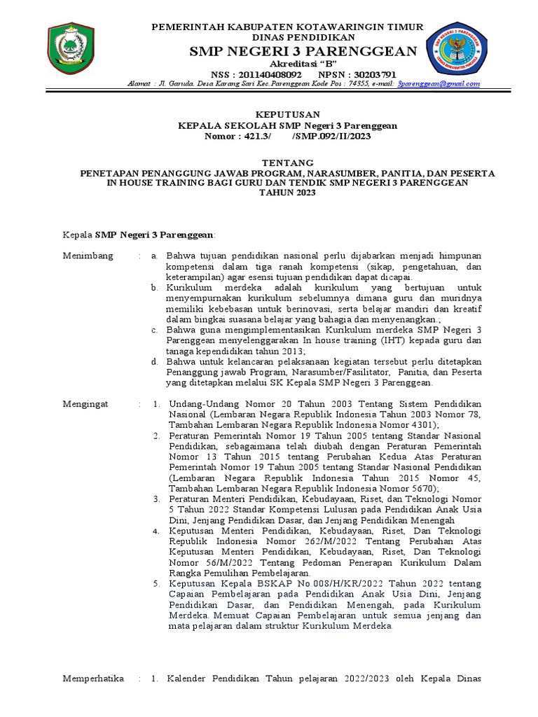 Contoh SK Kegiatan Bimtek Di TPK | PDF