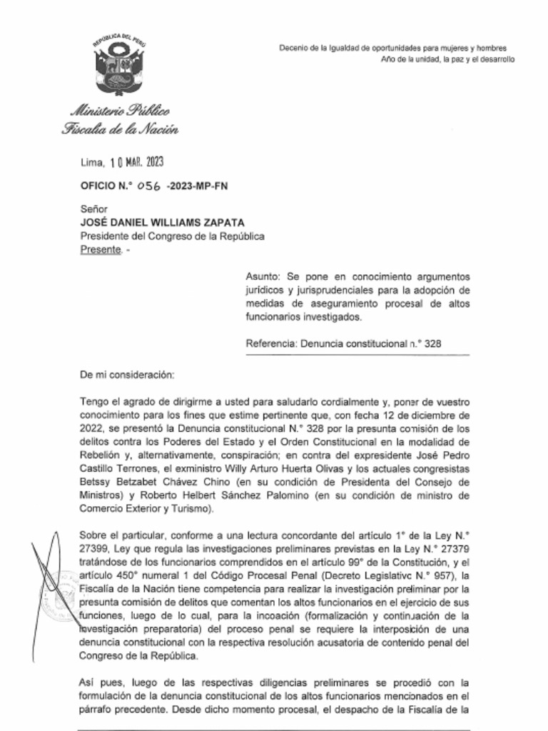 Oficio 0056-2023-MP-FN Enviado A José Williams | PDF