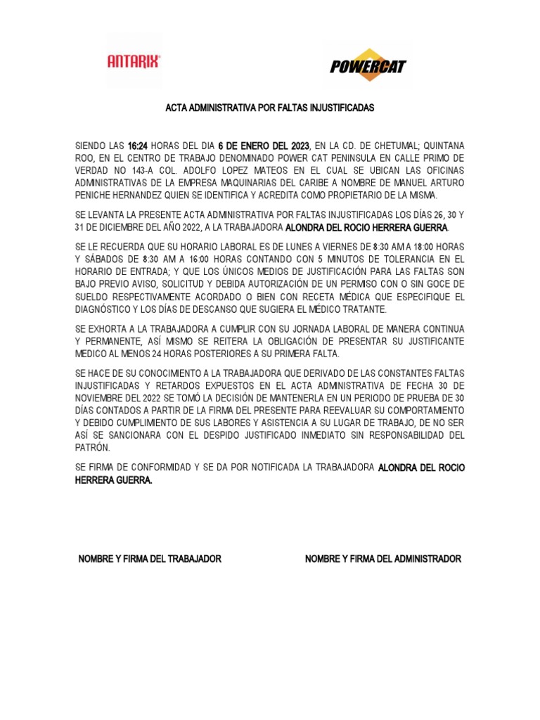 ACTA ADMINISTRATIVA POR RETARDOS Y OMISIÓN DE REGISTRO DE ENTRADA SALIDA (Recuperado ...