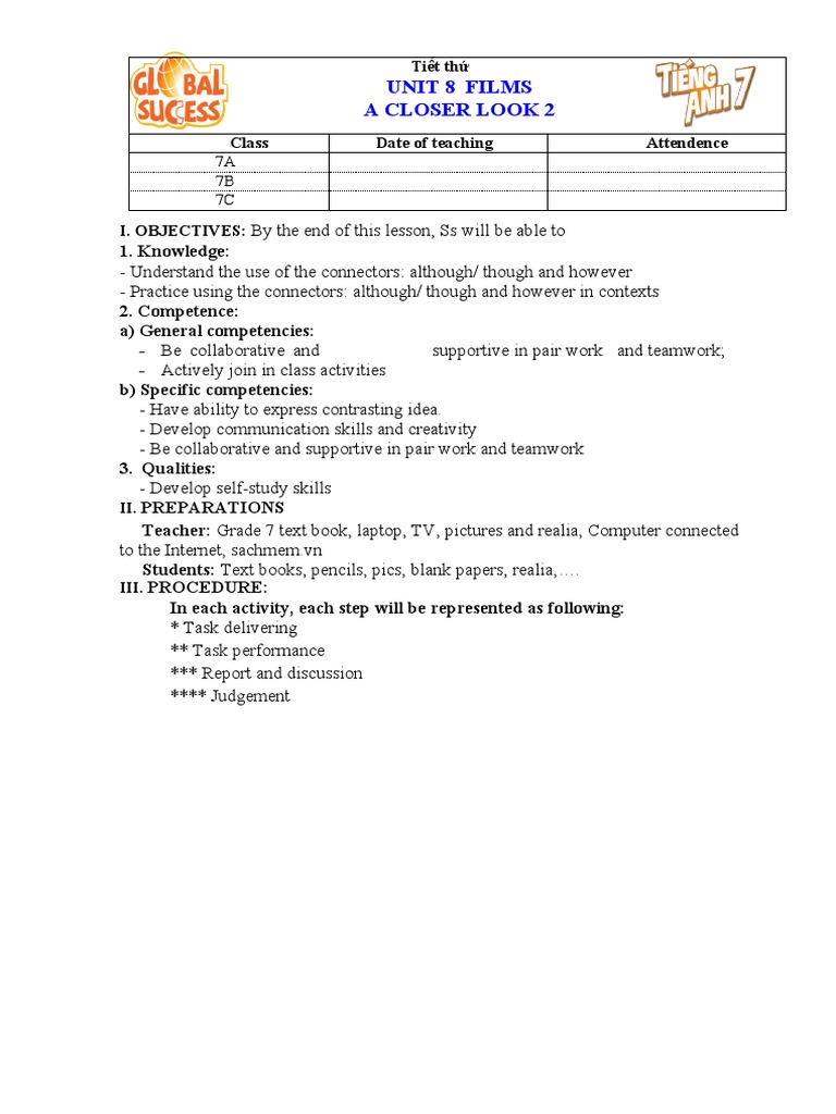 GIAO AN 7 GLOBAL - STEM - UNIT 8 A Closer Look 1 | PDF | Teachers | Sentence (Linguistics)