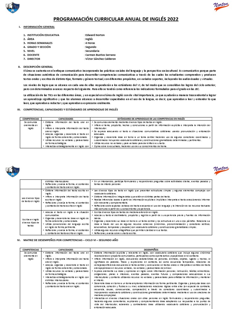 2do SECUNDARIA Programacion Anual de Ingles | PDF | Enseñando | Aprendizaje